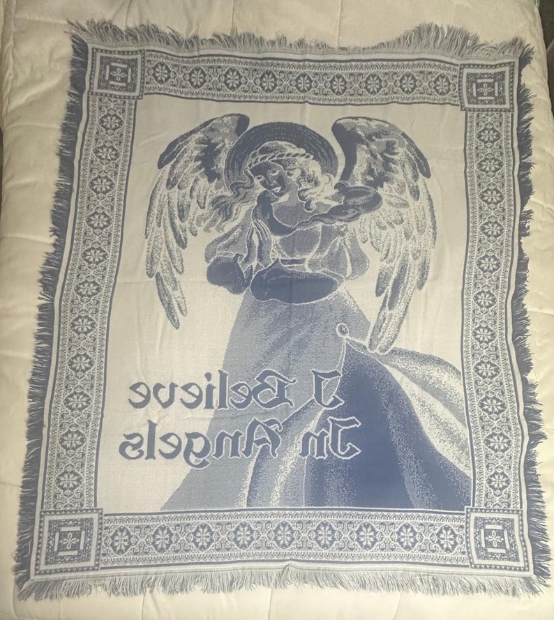 Blue and White Cotton Jacquard-woven “I Believe in Angels” Tapestry ...