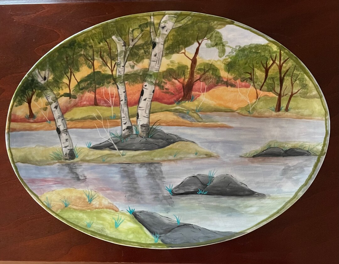 Vintage Hand Ceramic Painted Serving Platter Nature Scene - Etsy