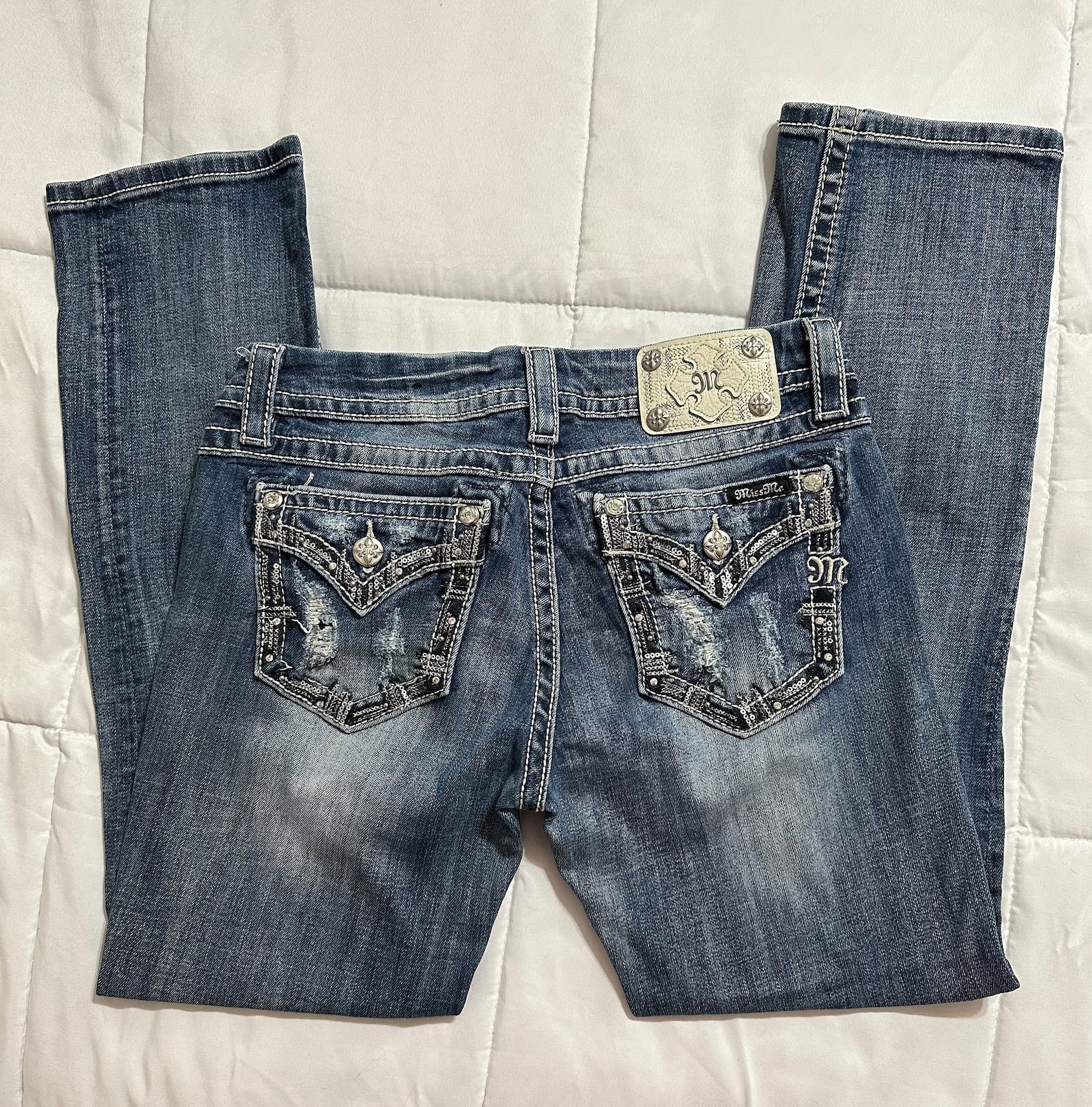 Miss Me Straight Leg Jeans JE8376C Signature Crop Beaded Jeweled Back ...