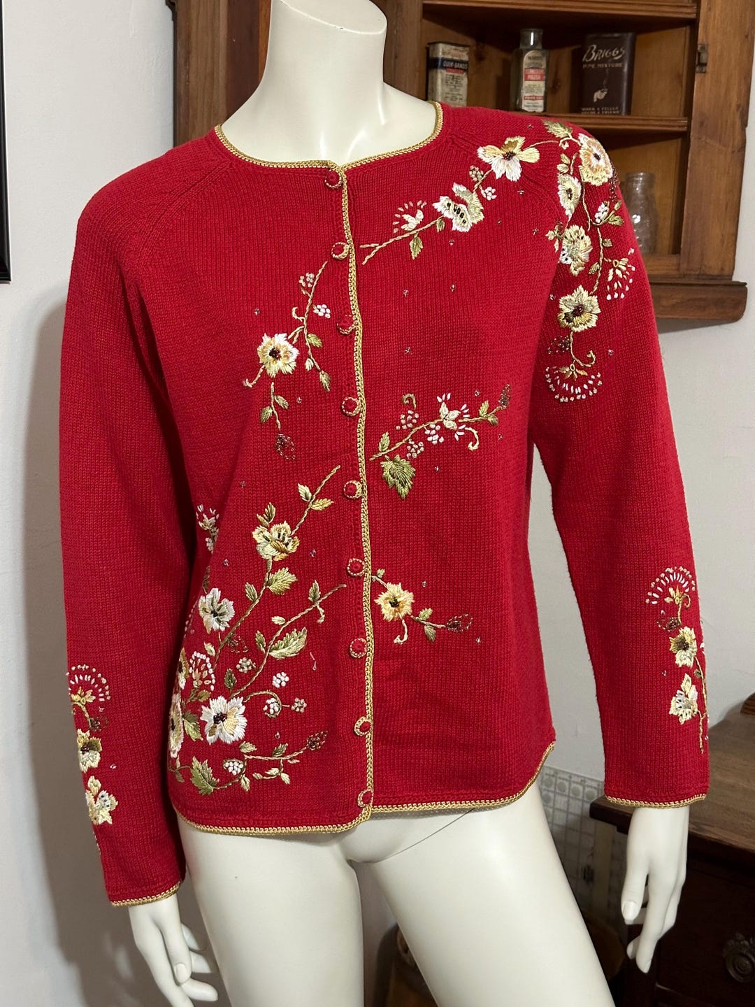 Vintage Tiara Red Embroidered Cardigan Sweater With Crochet Edging and ...
