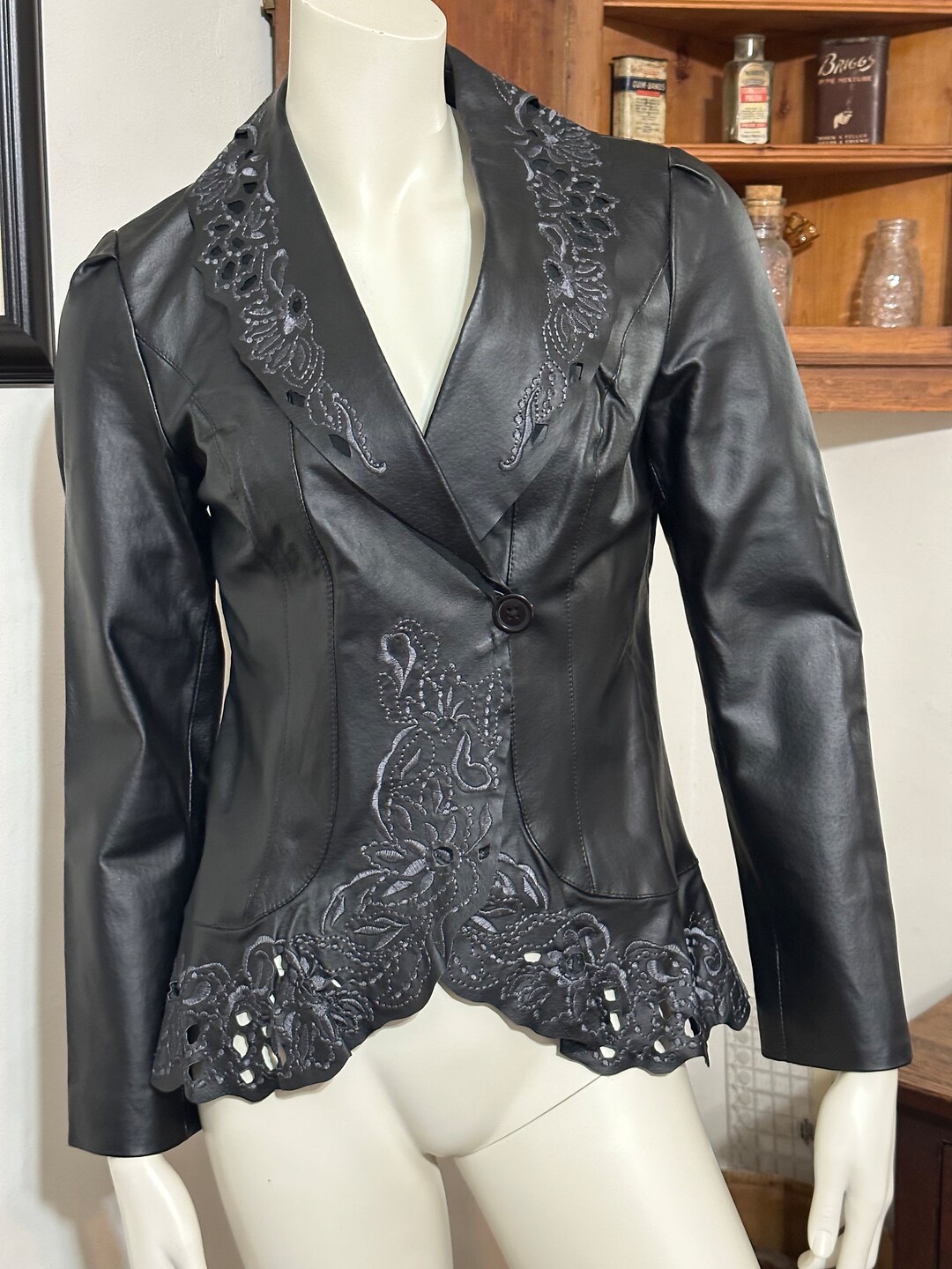 Together Leather Jacket Rare Light Weight Black Embroidery Trim - Size ...