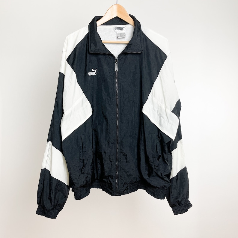 90s Puma Track Jacket XL | Black and White Windbreaker Zip up Vintage Running Jacket Zipper ...