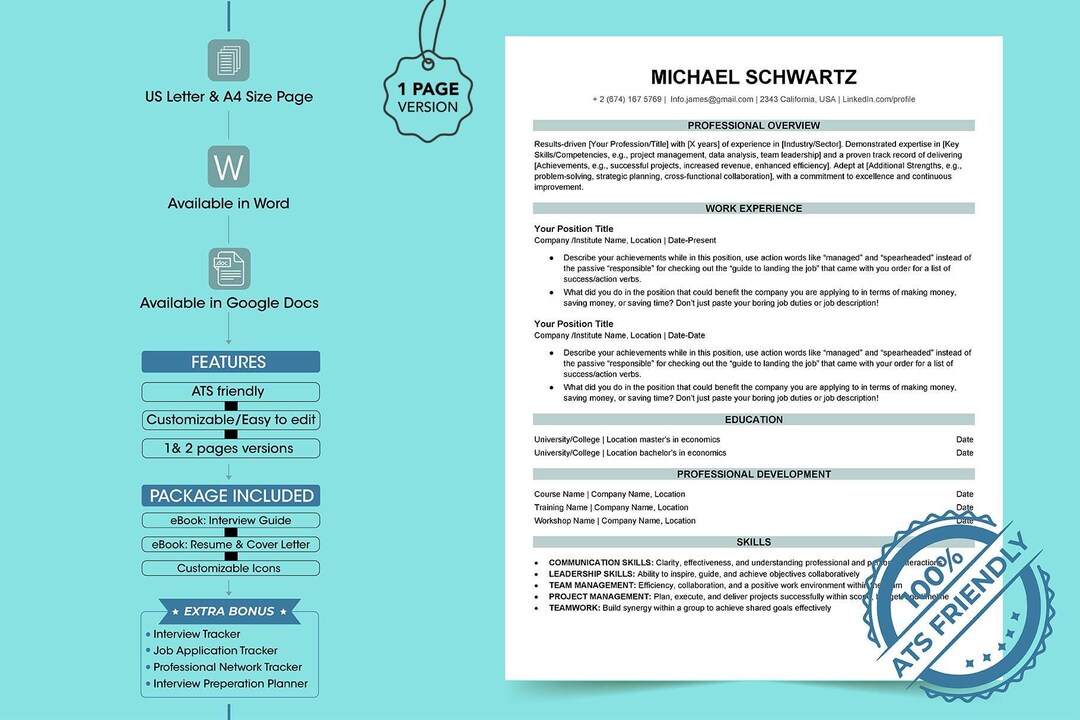 ATS Friendly Resume Template in Google Docs, Microsoft Word Template ...