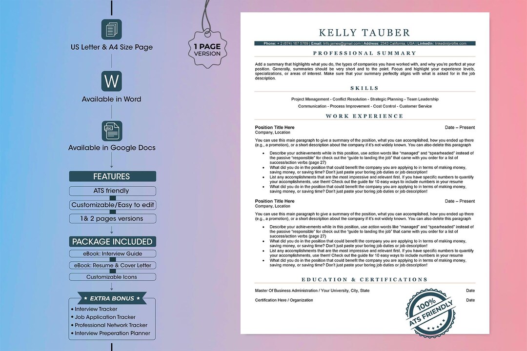Modern ATS Resume Template in Word - Etsy