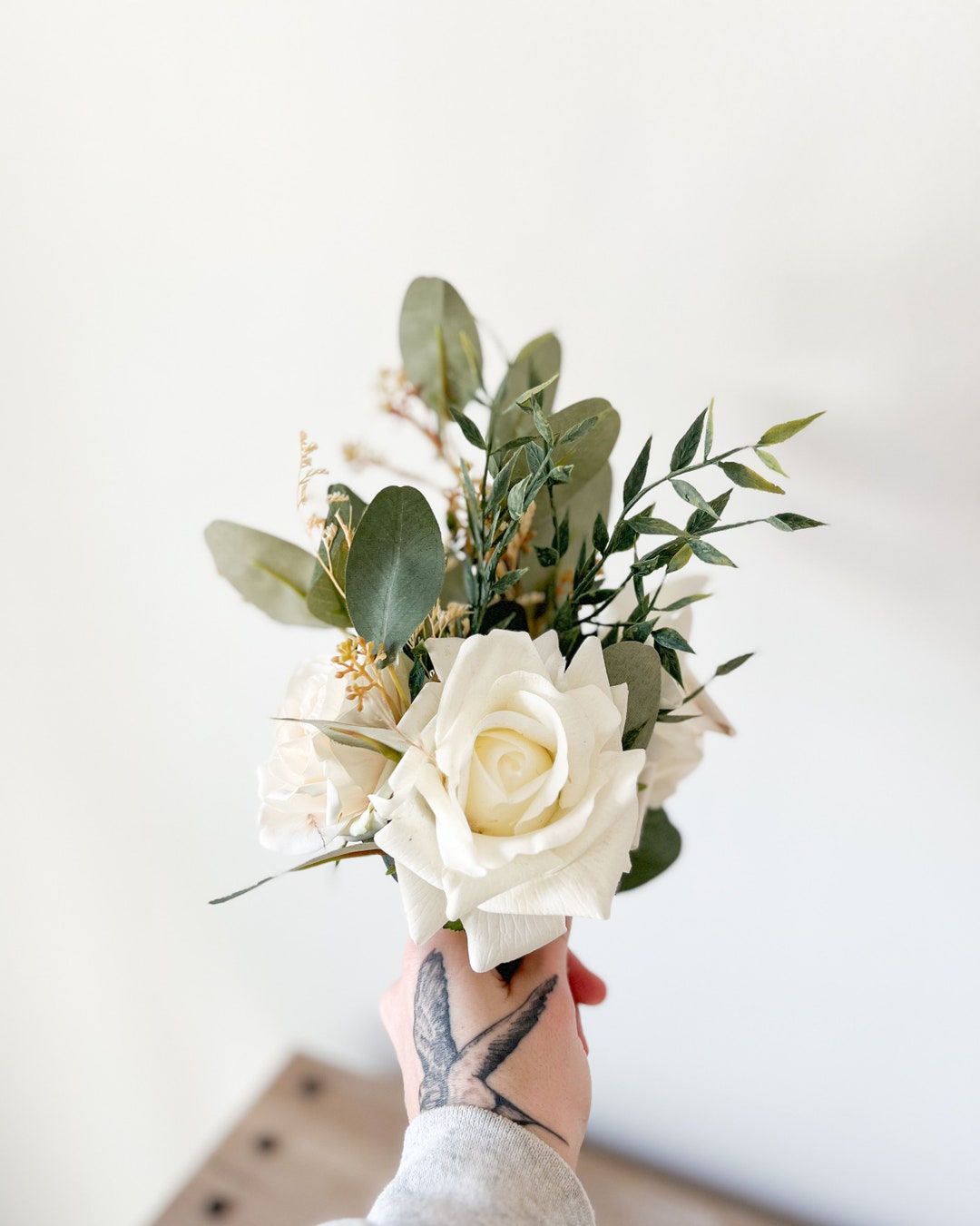 White Rose and Greenery Bridesmaid Bouquet Artificial and Dried Bouquet ...