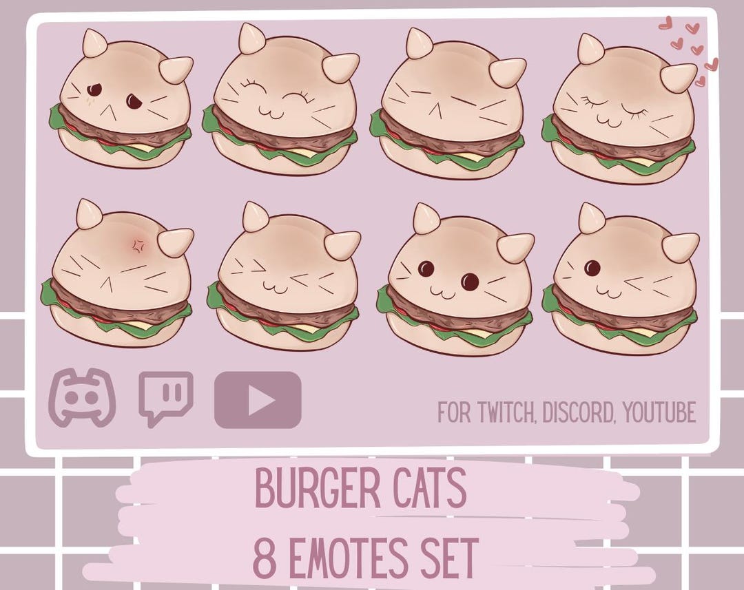Burger Cats – 8 Emotes Set | Cute Cat Burger Twitch, Discord & Youtube ...