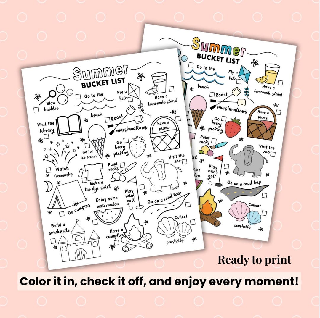 Summer Bucket List for Kids, Summer Coloring Page, Printable Summer ...