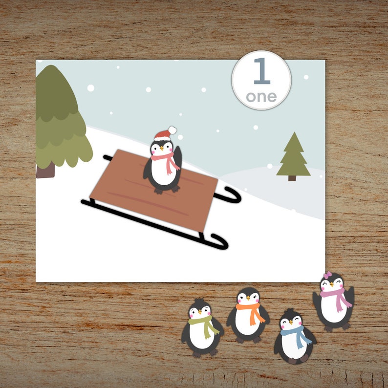 5 Little Penguins Riding on a Sled Winter Activity, Preschool Songs ...