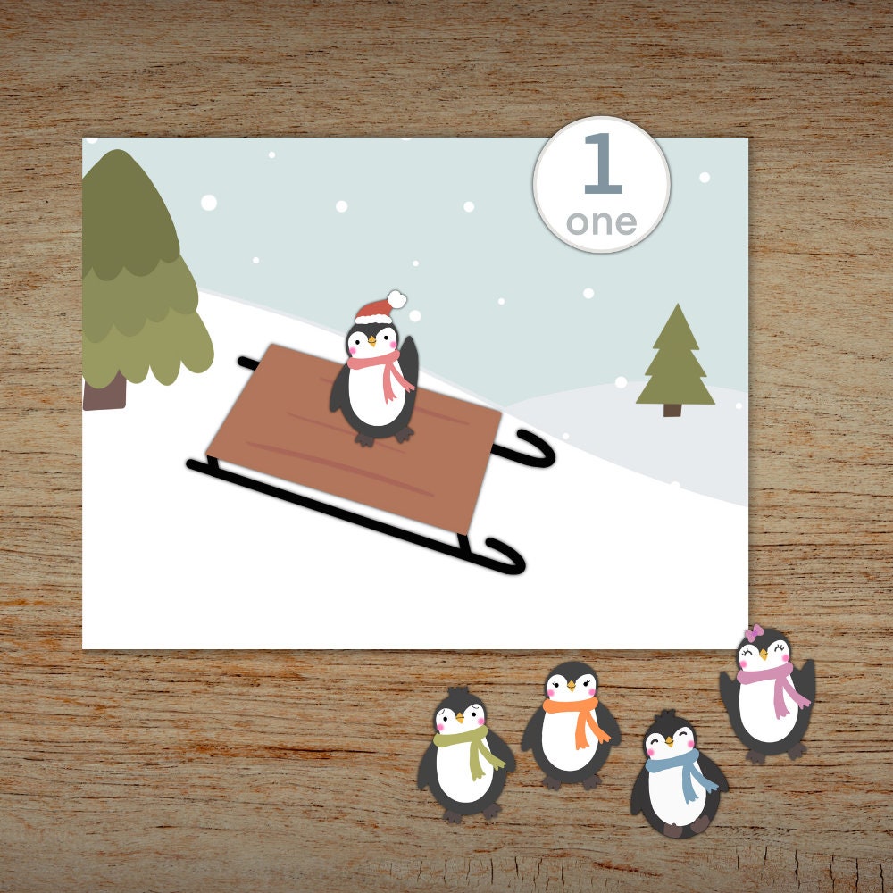 5 Little Penguins Riding on a Sled Winter Activity, Preschool Songs ...