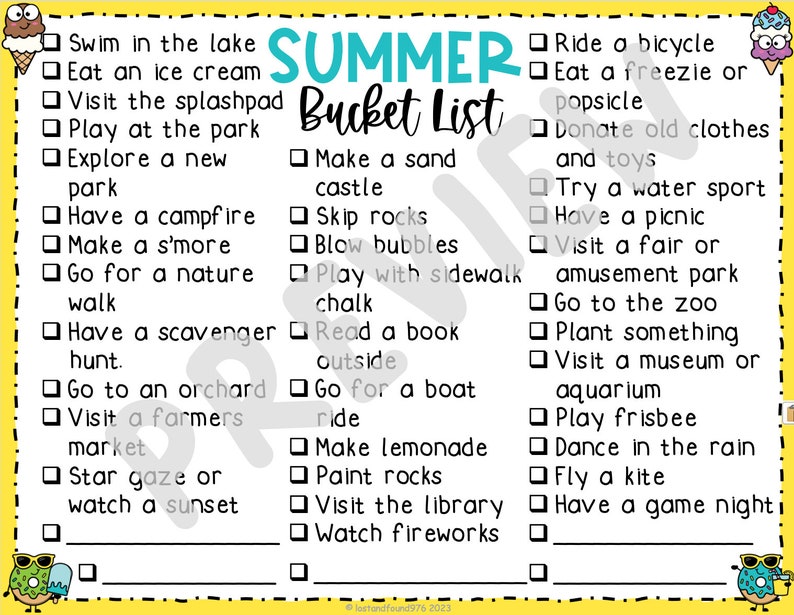 Children's Summer Bucket List - Etsy