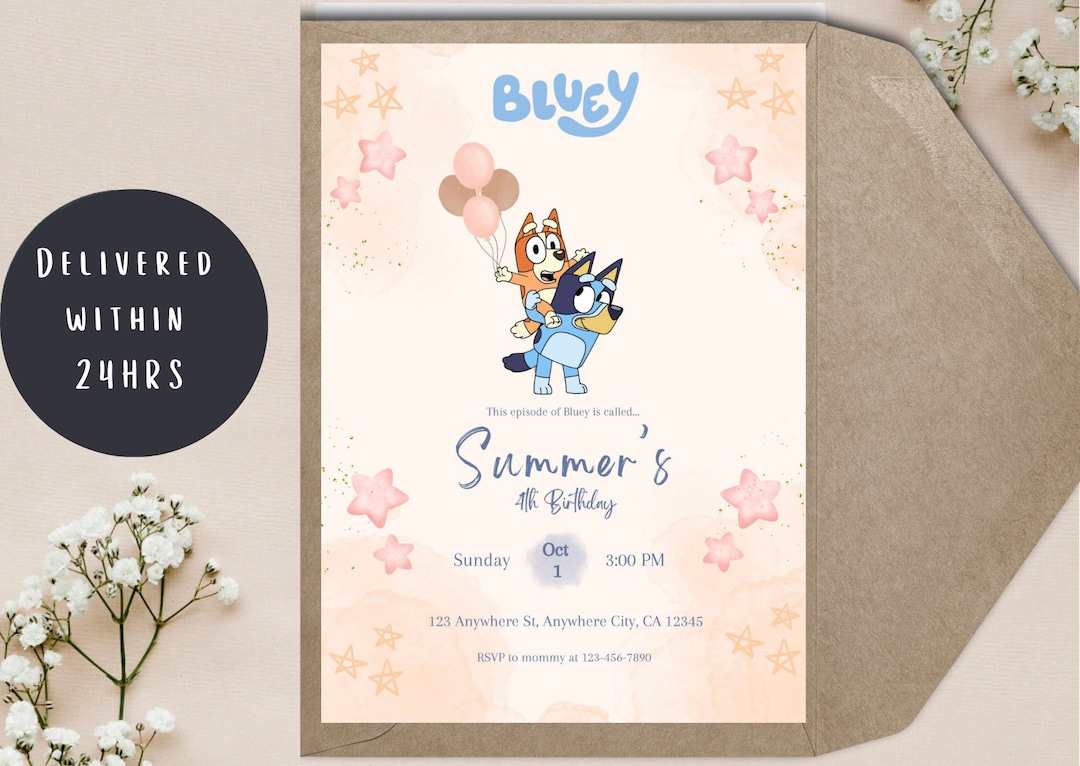 Bluey Birthday Invitation// Cute Bluey Girl Invitation// Pink Bluey ...