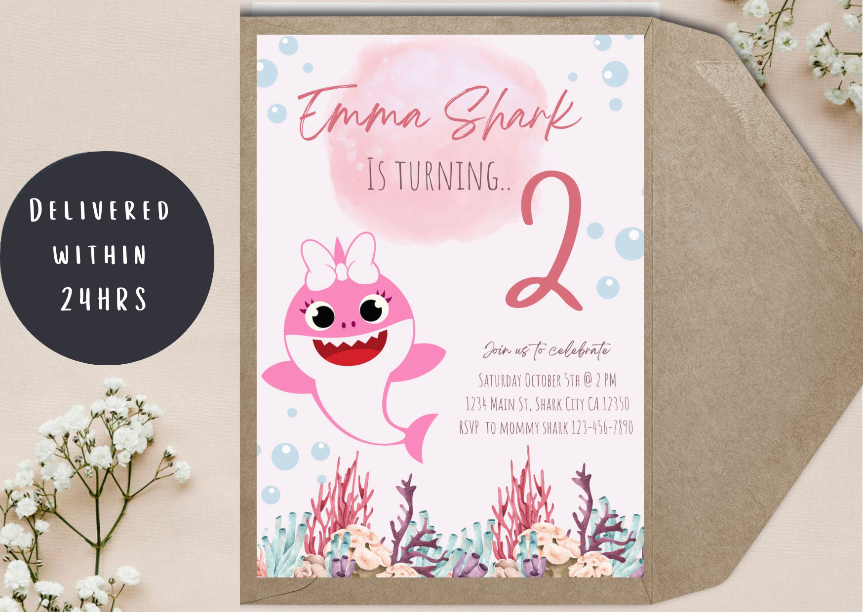 Girl Baby Shark Invitation // Cute Baby Shark Girl Invitation // Pink ...
