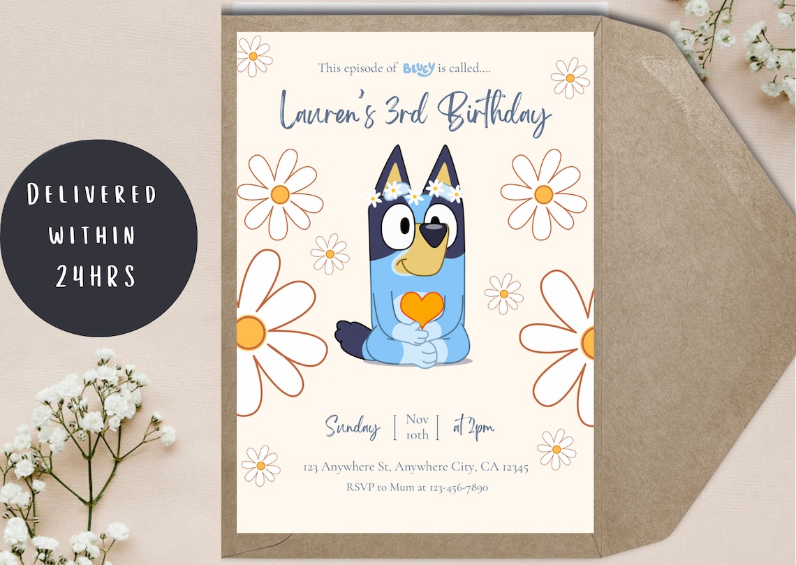 Invitación de cumpleaños de Bluey// Tema de fiesta de Bluey// Corona de ...