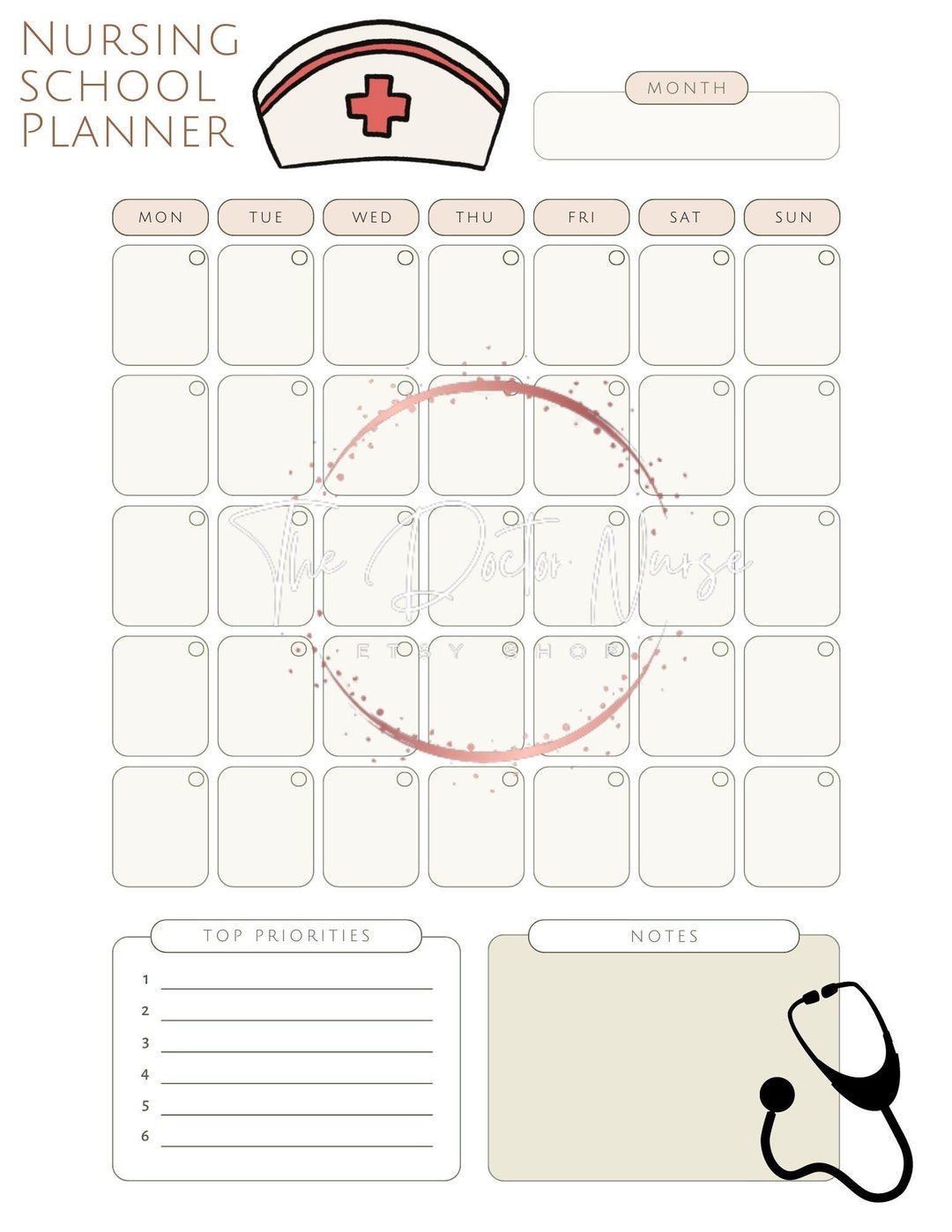 Nursing School Monthly Calendar - Etsy