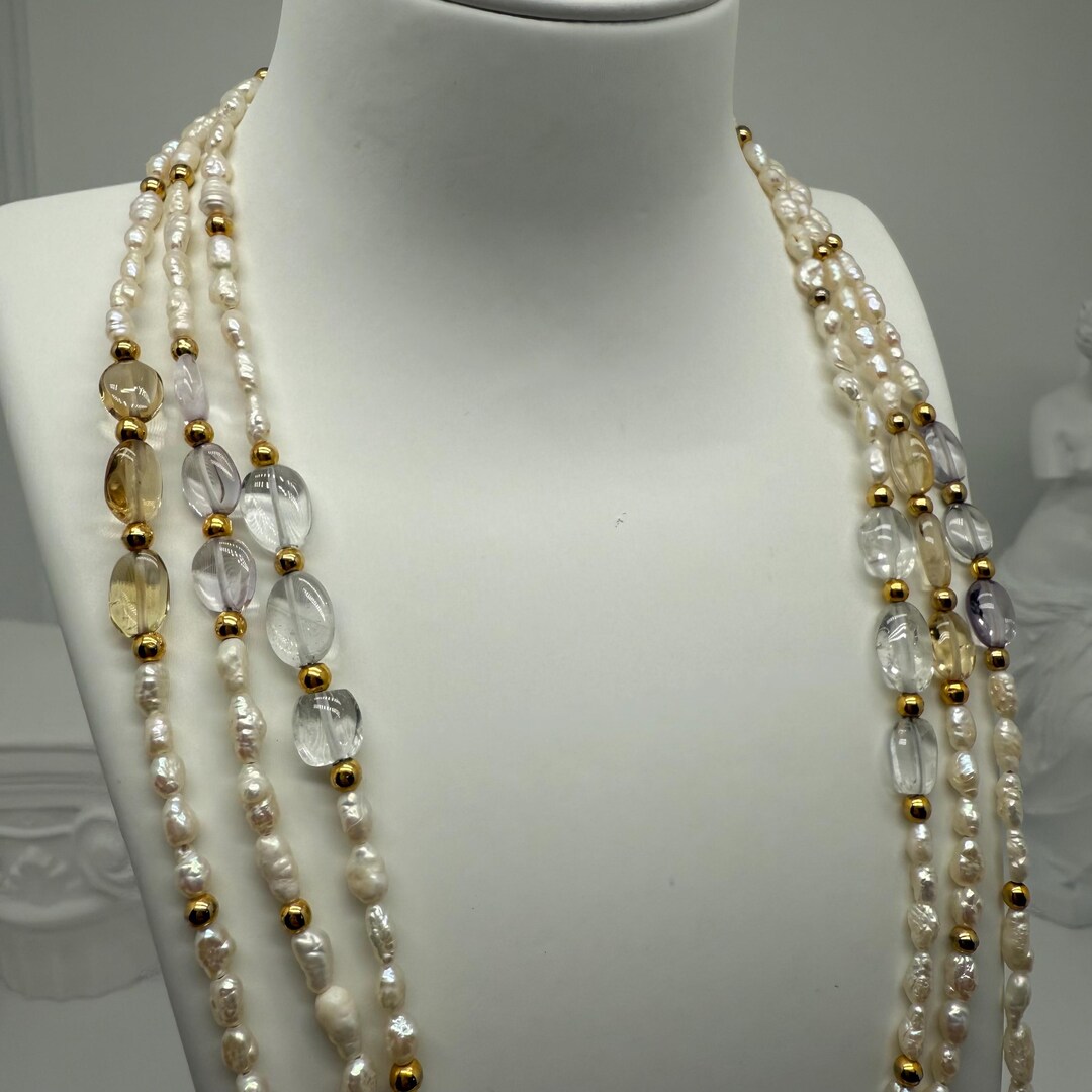 Vintage Charm Genuine Biwa Rice Pearl 3-strand Necklace Aquamarine ...