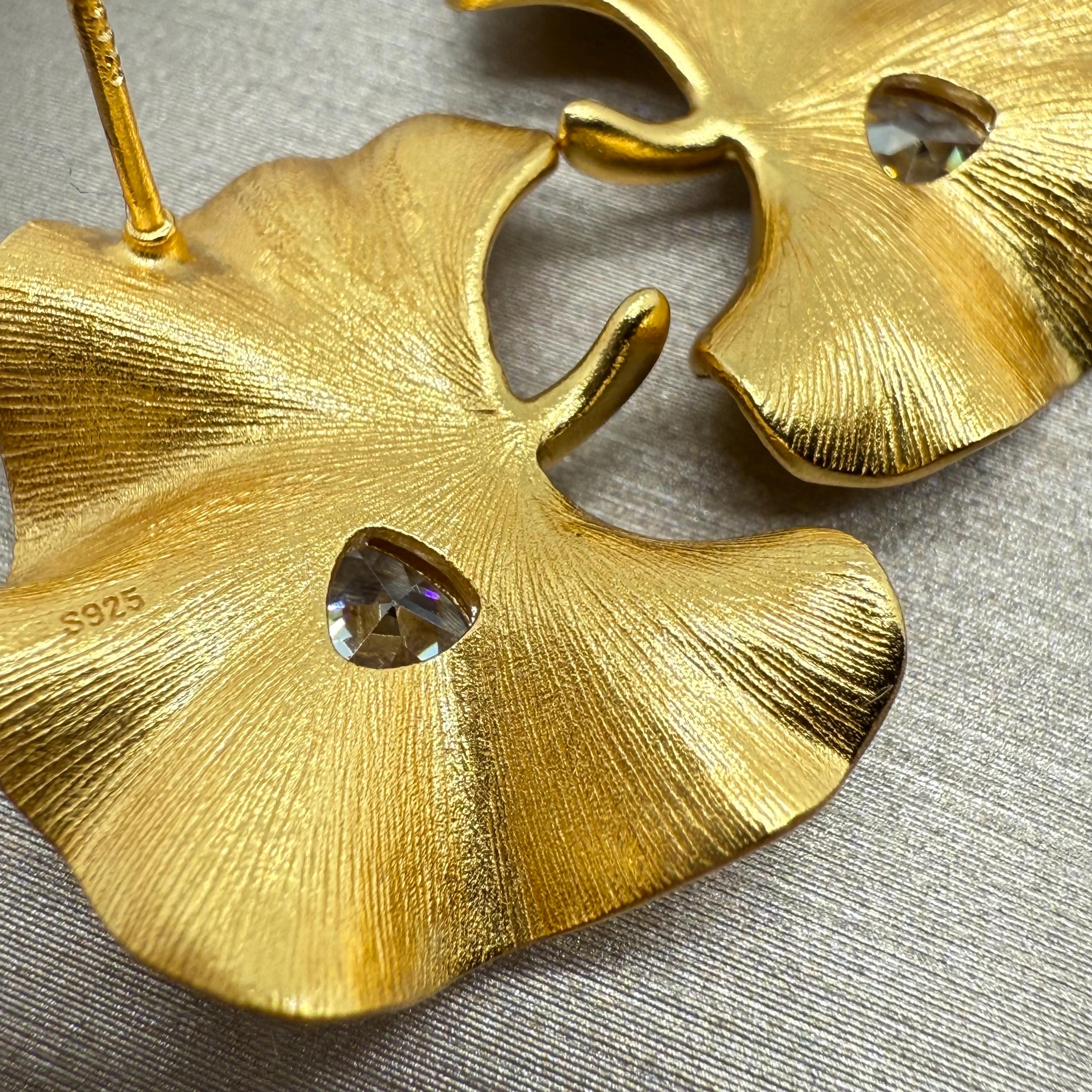 Large Italian 18K Yellow Gold Sterling Silver Ginko Leaf Bold Statement ...