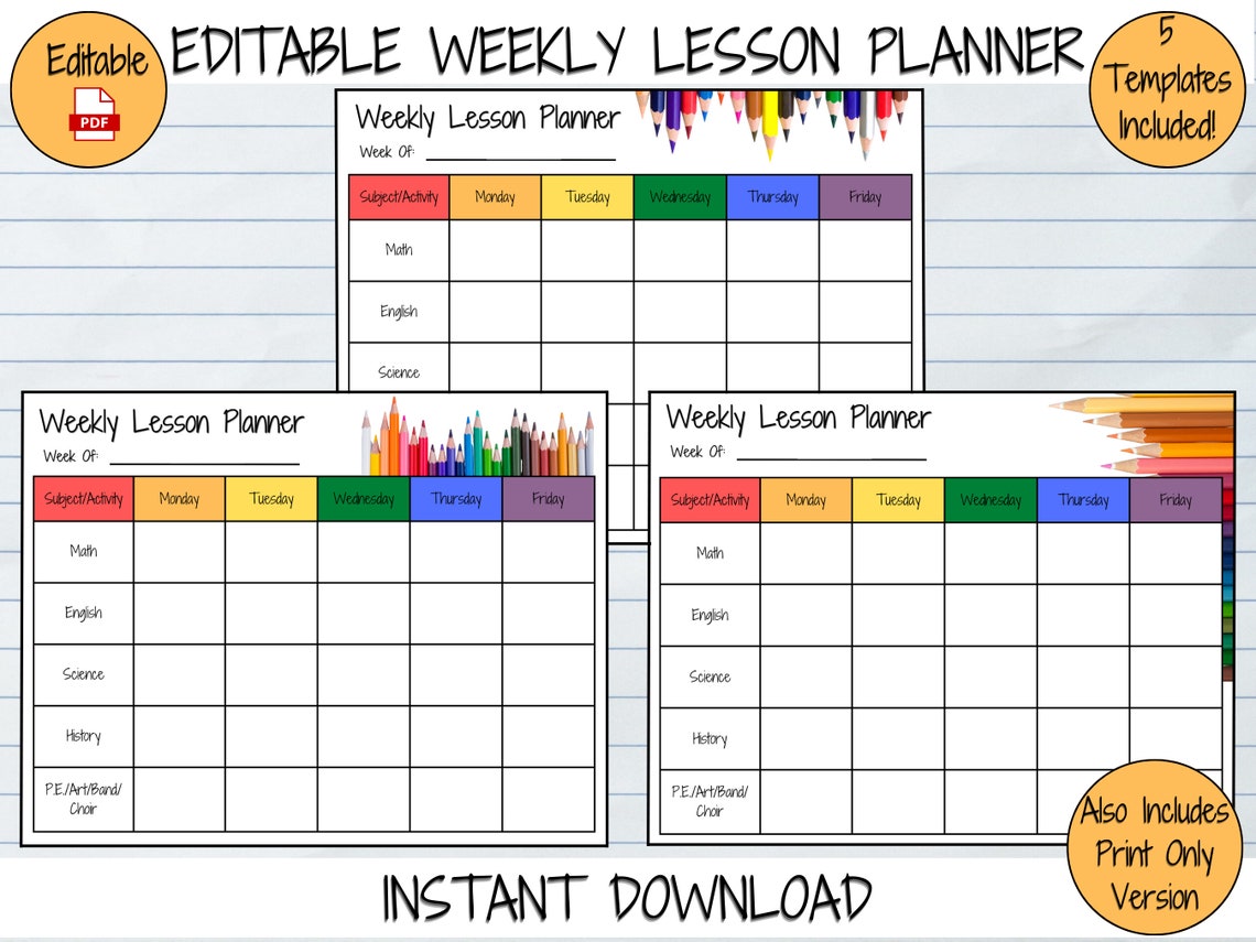 Editable Weekly Lesson Planner Template | 8.5" X 11" Landscape | PDF ...