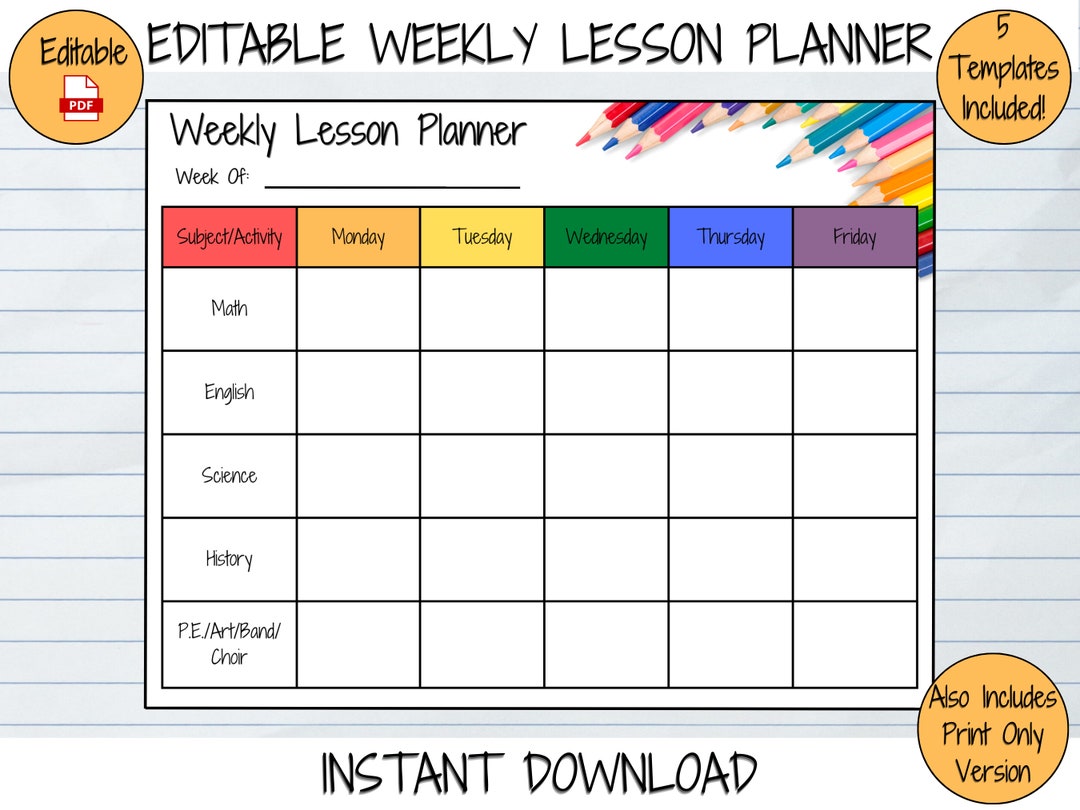 Editable Weekly Lesson Planner Template | 8.5" X 11" Landscape | PDF ...