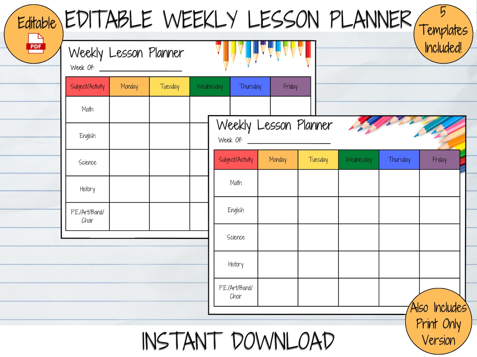 Editable Weekly Lesson Planner Template | 8.5" X 11" Landscape | PDF ...