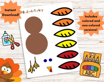 Thankful Turkey for Kids Printable Craft, Thanksgiving DIY Kids Turkey ...
