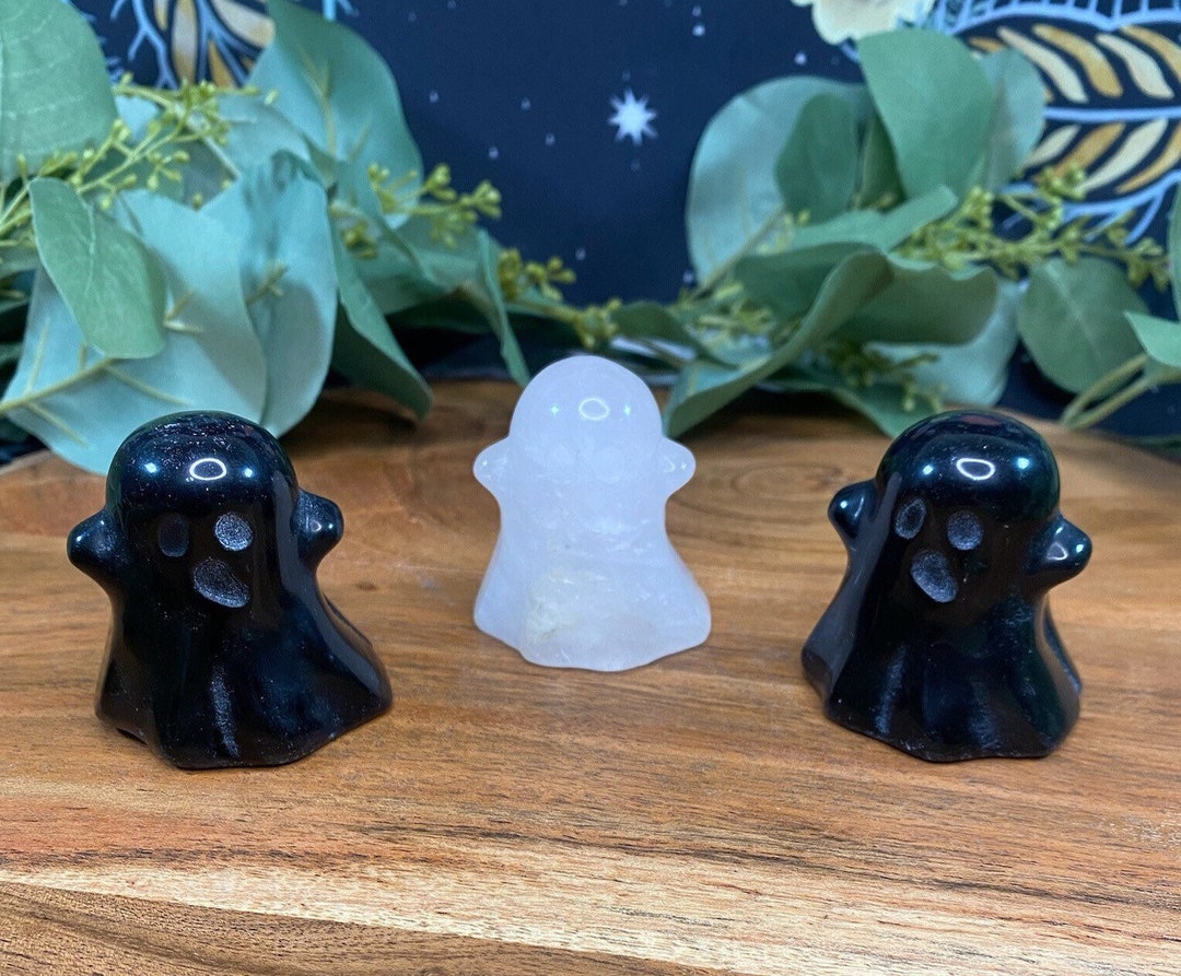 Halloween Crystal Ghost Carving Black Obsidian Home Decor Clear Quartz ...