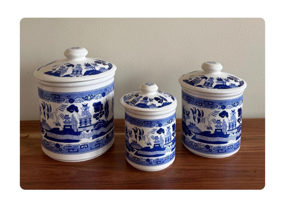 Set of 3 Vintage Blue Willow Canister Set With Lids Transferware Jars ...