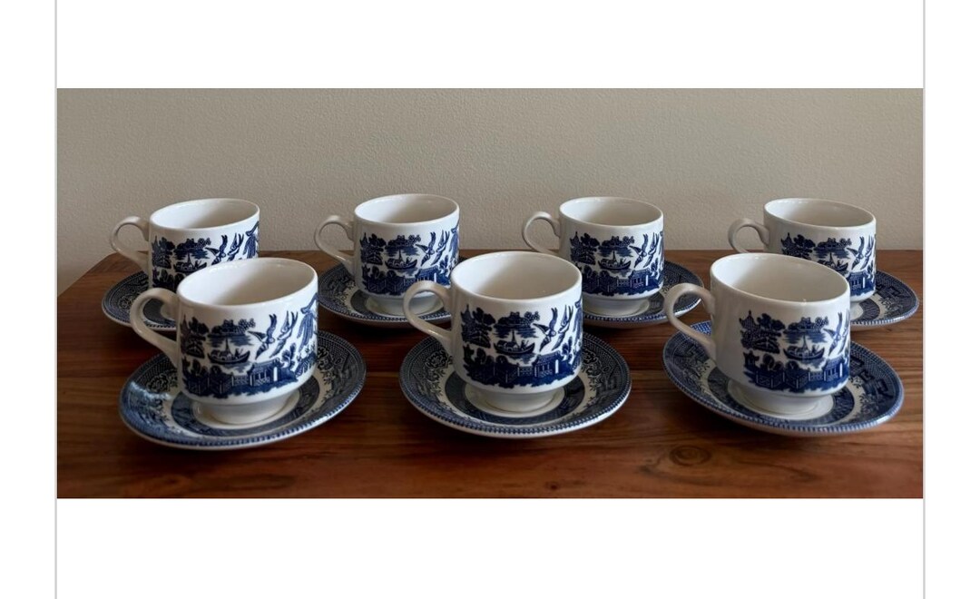 Set of 7 Vintage Blue Willow Churchill Tea Cups & Saucers Made in ...