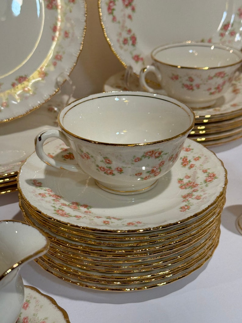Vintage China Set Pope Gosser Florence Pink Roses Dinnerware Set Dinner ...