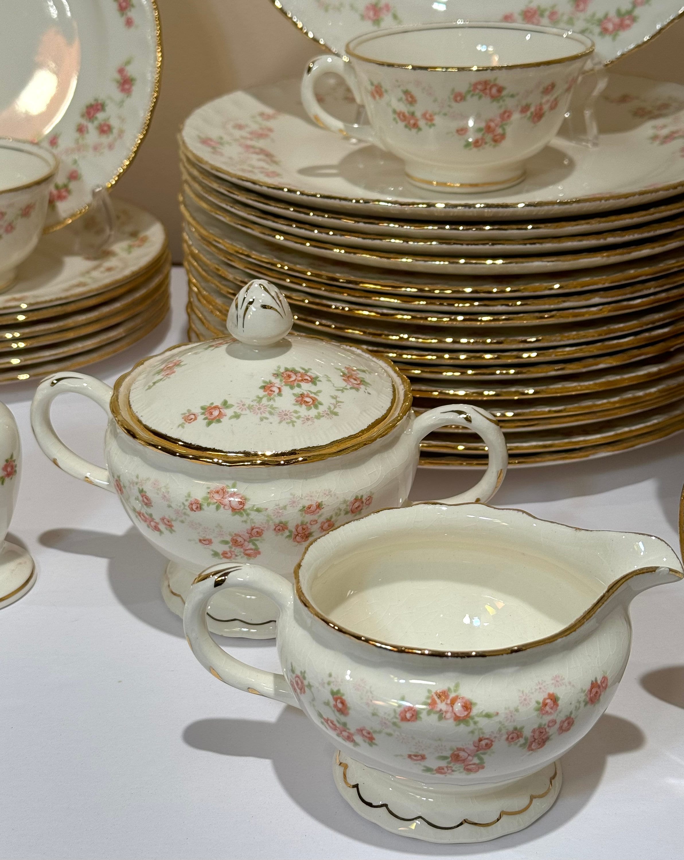 Vintage China Set Pope Gosser Florence Pink Roses Dinnerware Set Dinner ...