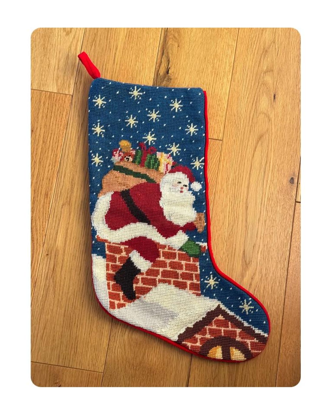 Vintage Wool Christmas Stocking Needlepoint Santa Holiday Farmhouse ...
