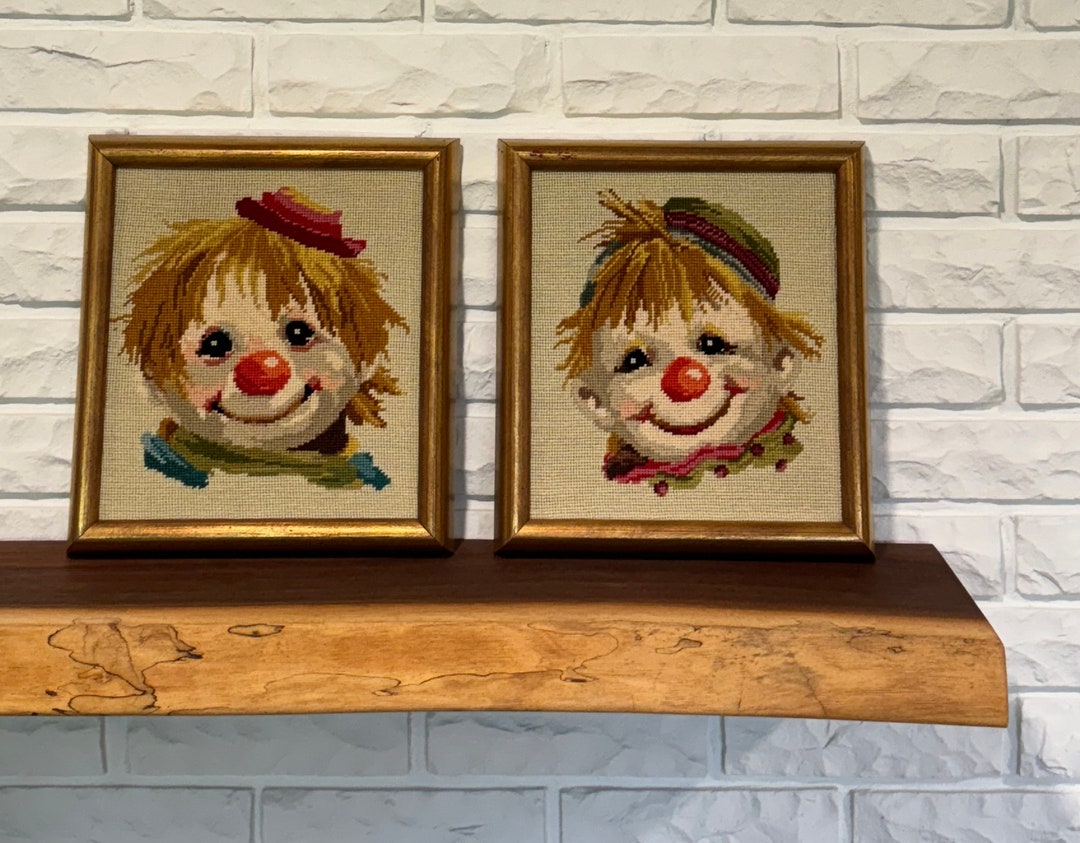 Pair of Vintage Clown Needlepoint Wall Hangings Antique Home Decor ...