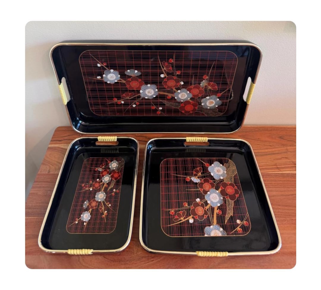 Set of 3 Vintage Asian Lacquer Serving Trays Japanese Floral Nesting ...