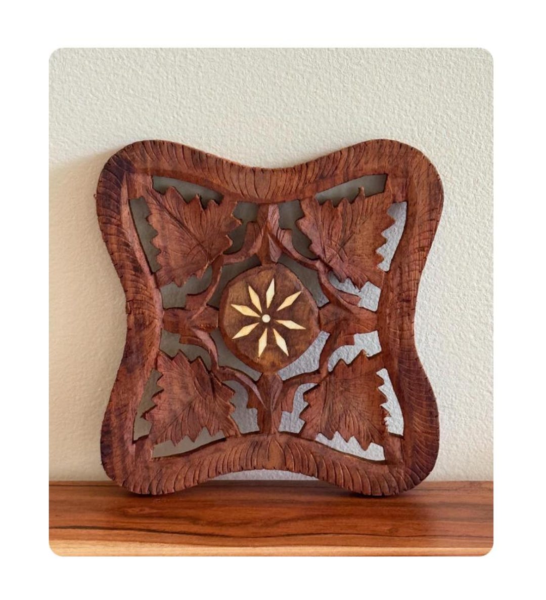 Antique Carved Wood Trivet With Inlay Farmhouse Cottage Home Decor ...