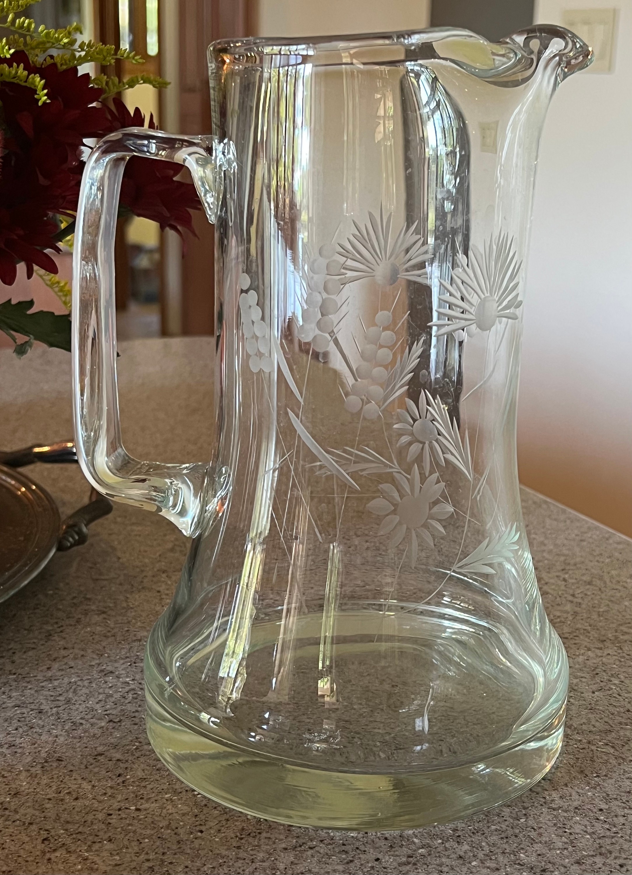 Vintage Clear Glass Etched Pitcher Floral Motif - Etsy