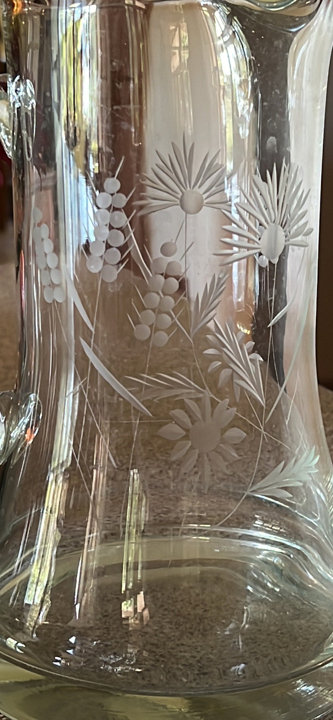Vintage Clear Glass Etched Pitcher Floral Motif - Etsy