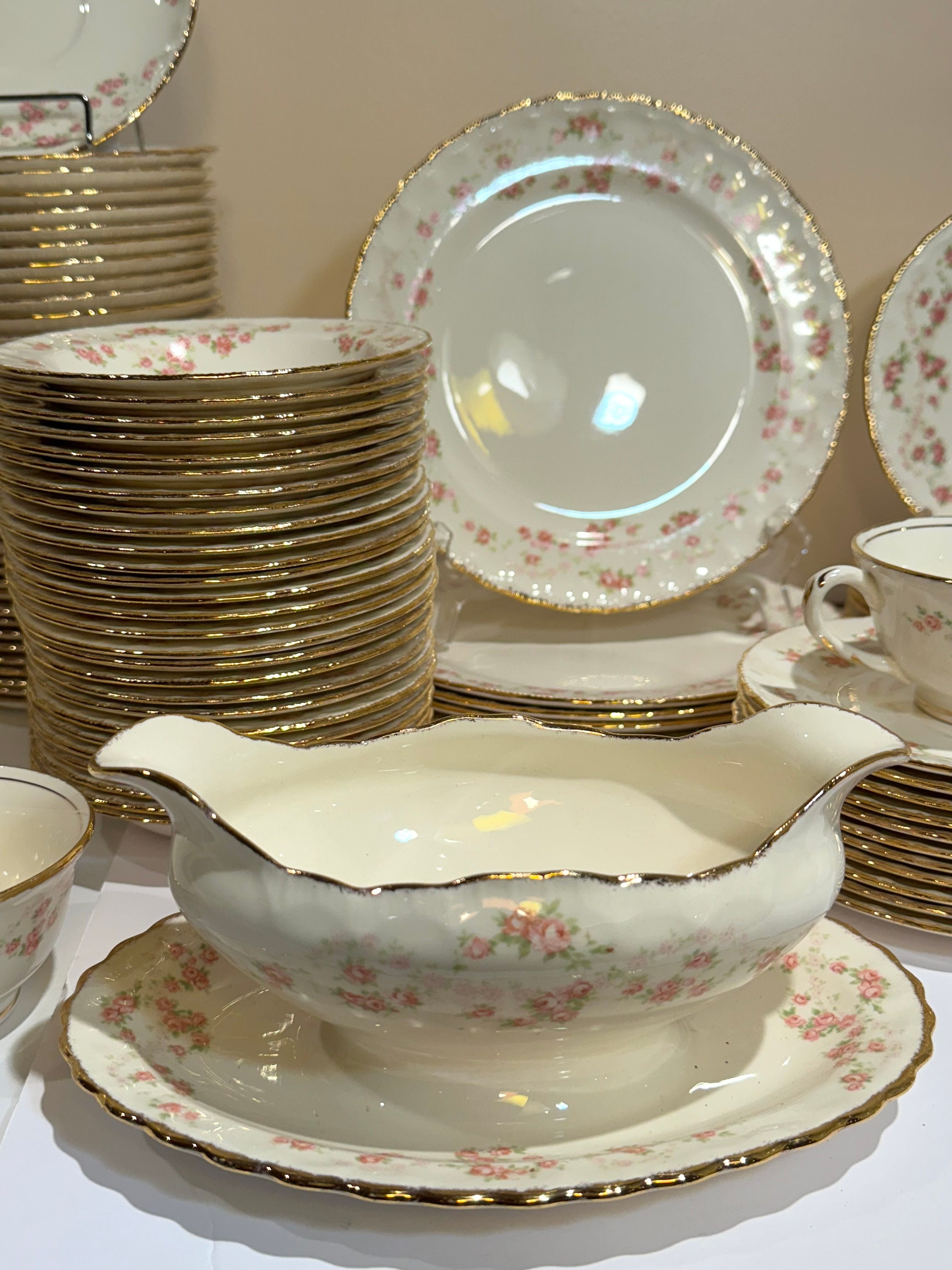 Vintage China Set Pope Gosser Florence Pink Roses Dinnerware Set Dinner ...