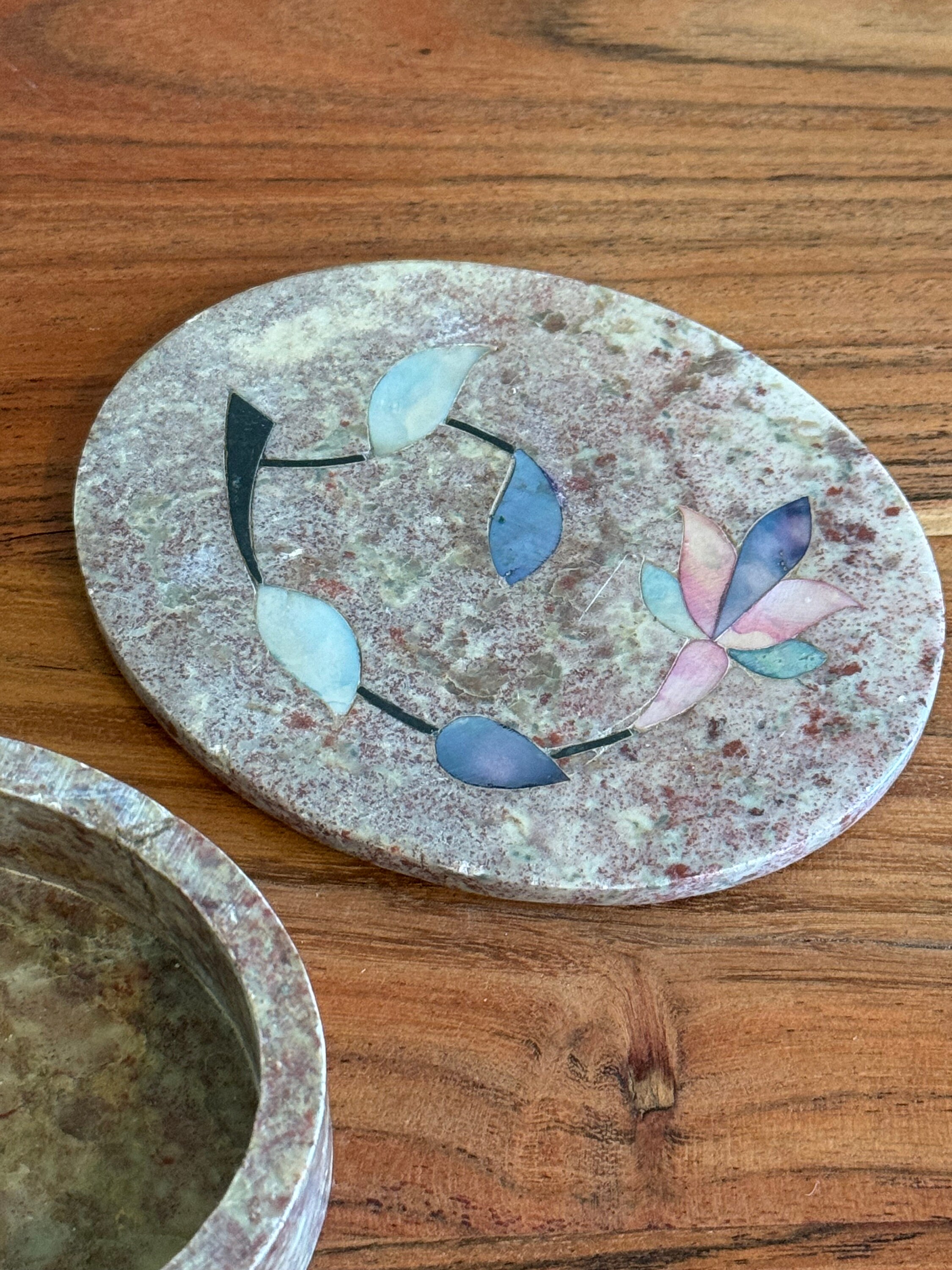 Polished Oval Soapstone Lidded Dish With Mother of Pearl Inlay Trinket ...