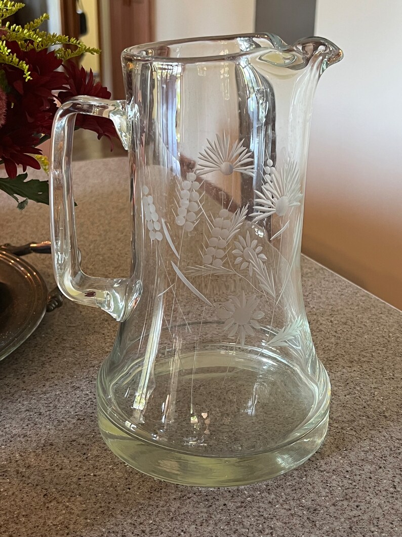 Vintage Clear Glass Etched Pitcher Floral Motif - Etsy