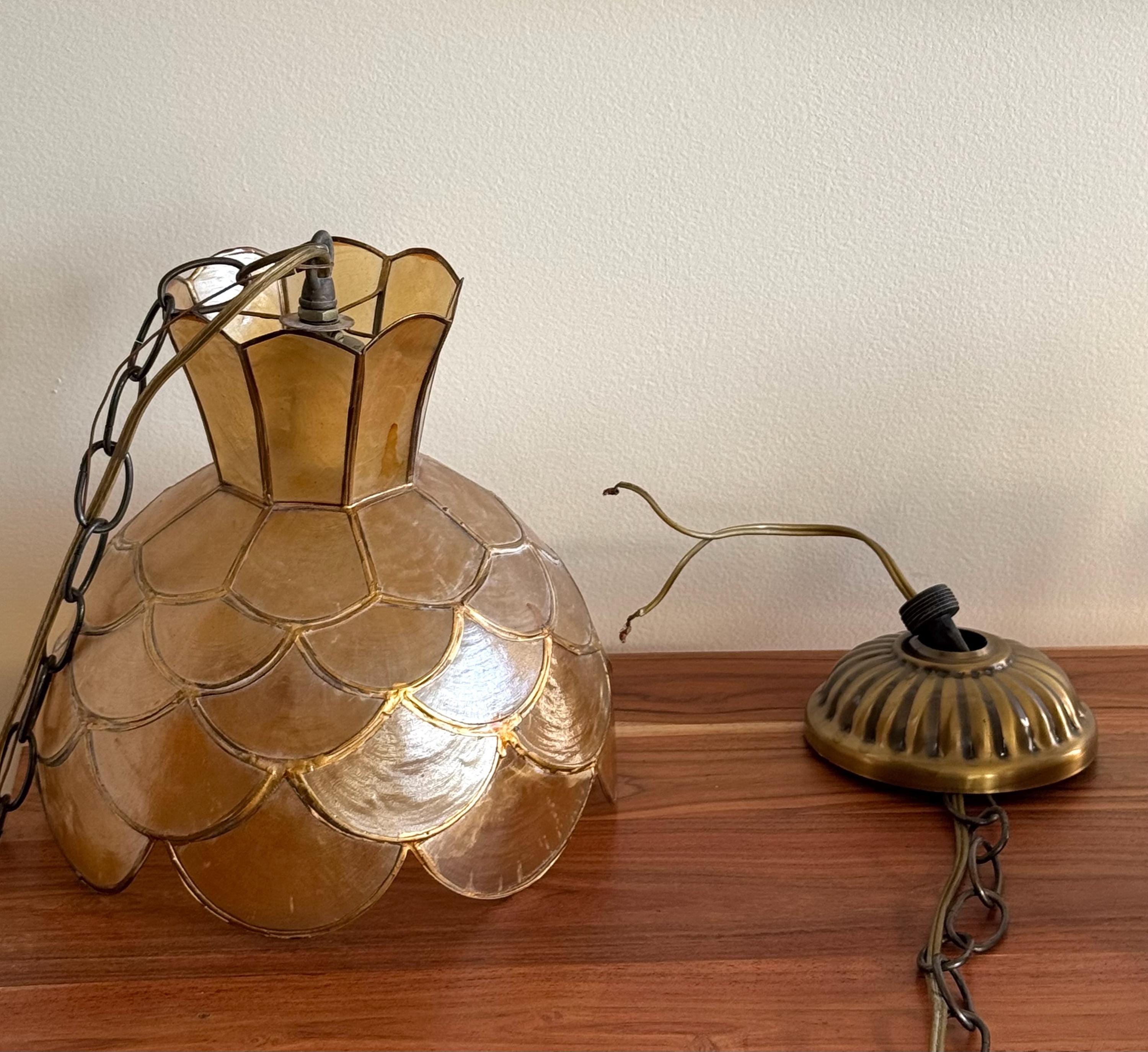 Vintage Capiz Shell Chandelier Ceiling Light Fixture Antique Pendant ...