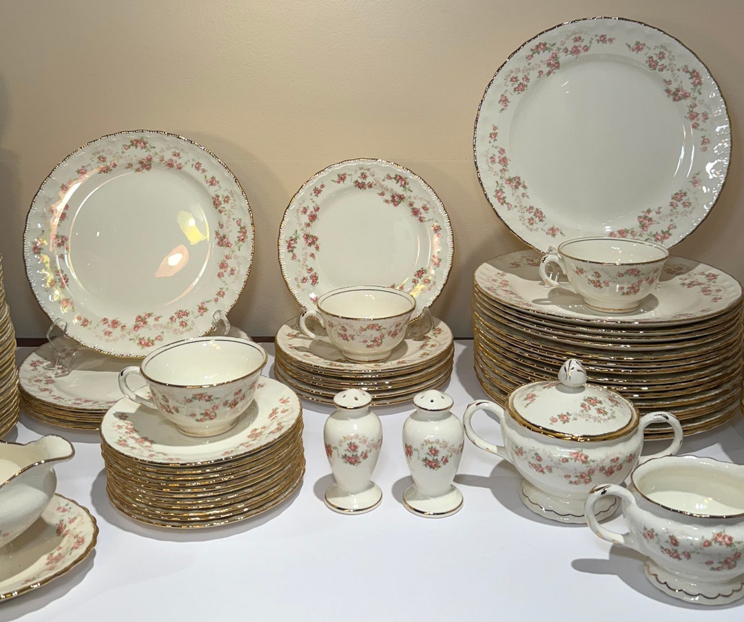 Vintage China Set Pope Gosser Florence Pink Roses Dinnerware Set Dinner ...