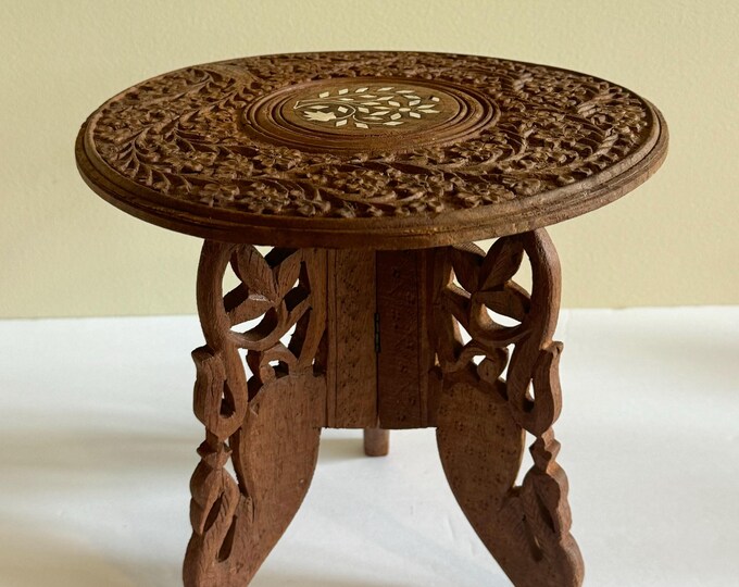 Vintage Ornately Carved Teak Plant Stand Folding Miniature Wooden Stool ...