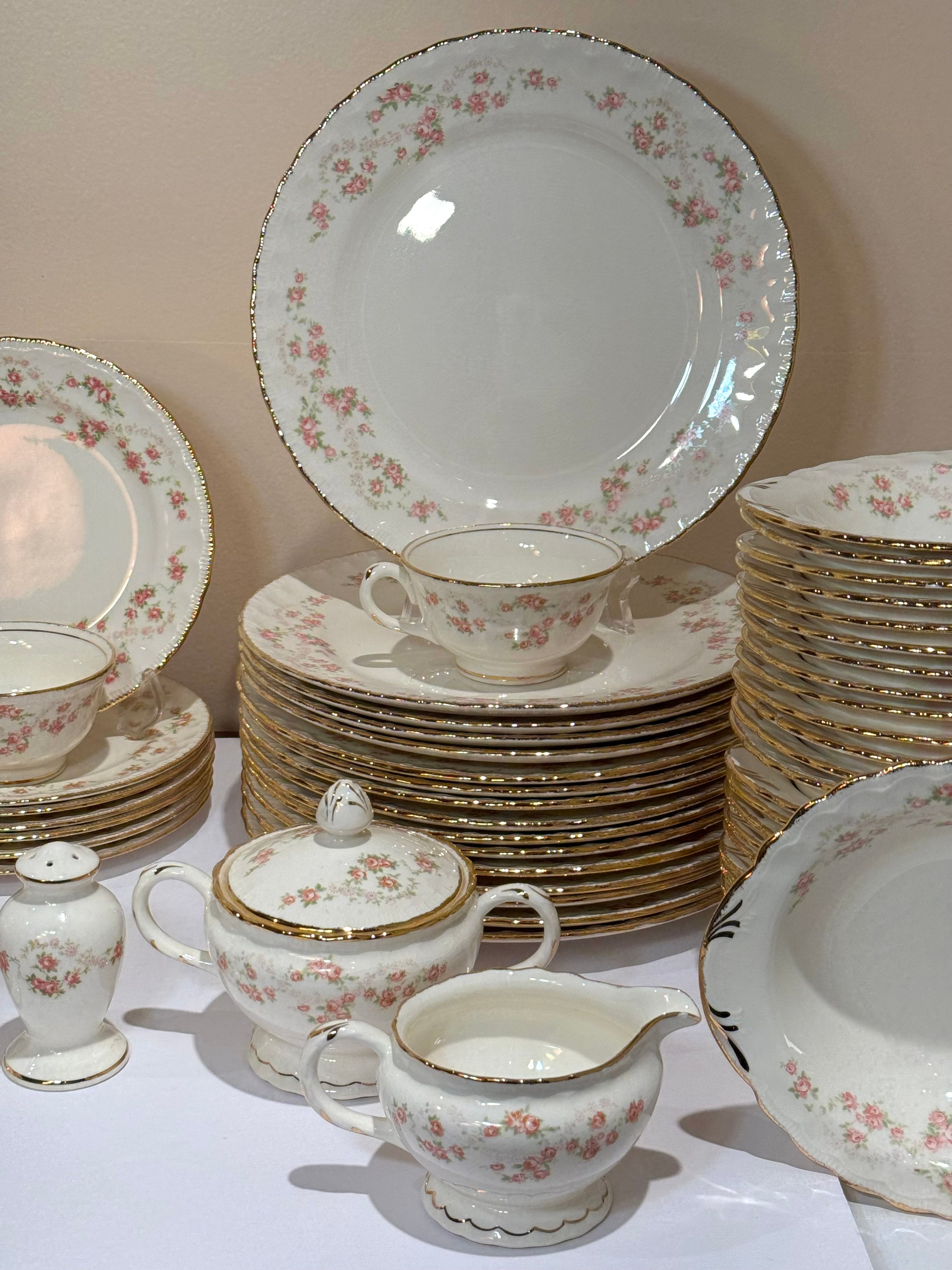 Vintage China Set Pope Gosser Florence Pink Roses Dinnerware Set Dinner ...