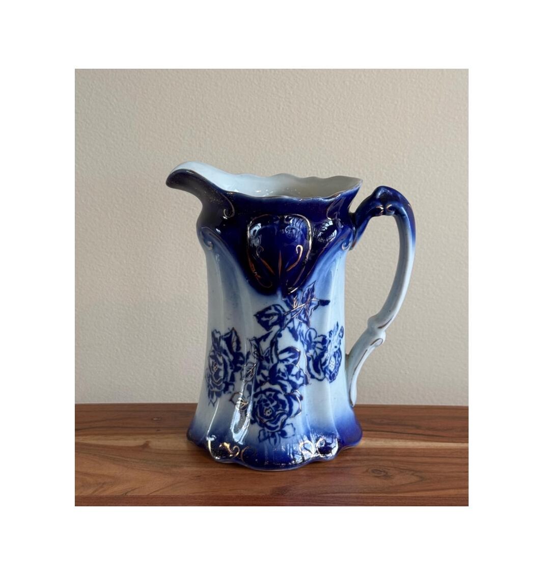Antique Large Flow Blue English Pitcher With Floral Design and Gilt ...