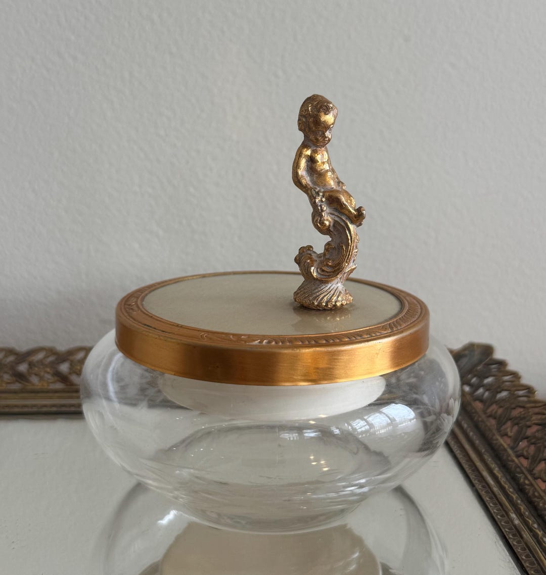 Vintage Music Box Hollywood Regency Etched Glass Dish With a Gold ...