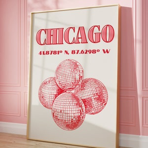 Trendy Chicago Print, Red Chicago Poster, Chicago Bar Cart Decor, Disco ...