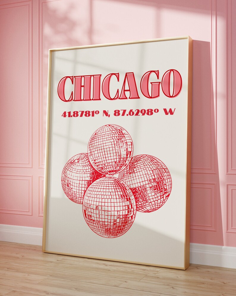 Trendy Chicago Print, Red Chicago Poster, Chicago Bar Cart Decor, Disco ...