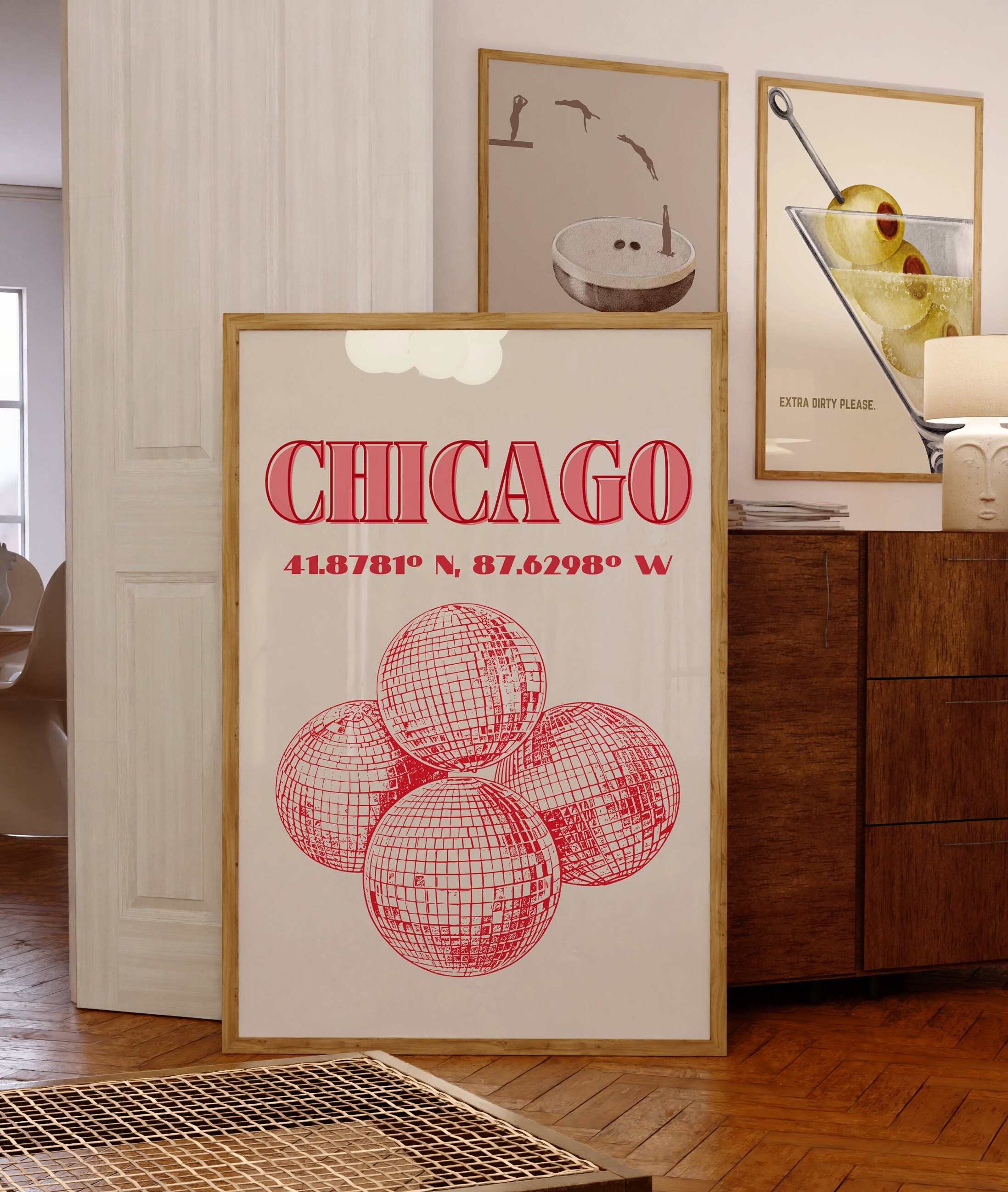 Trendy Chicago Print, Red Chicago Poster, Chicago Bar Cart Decor, Disco ...