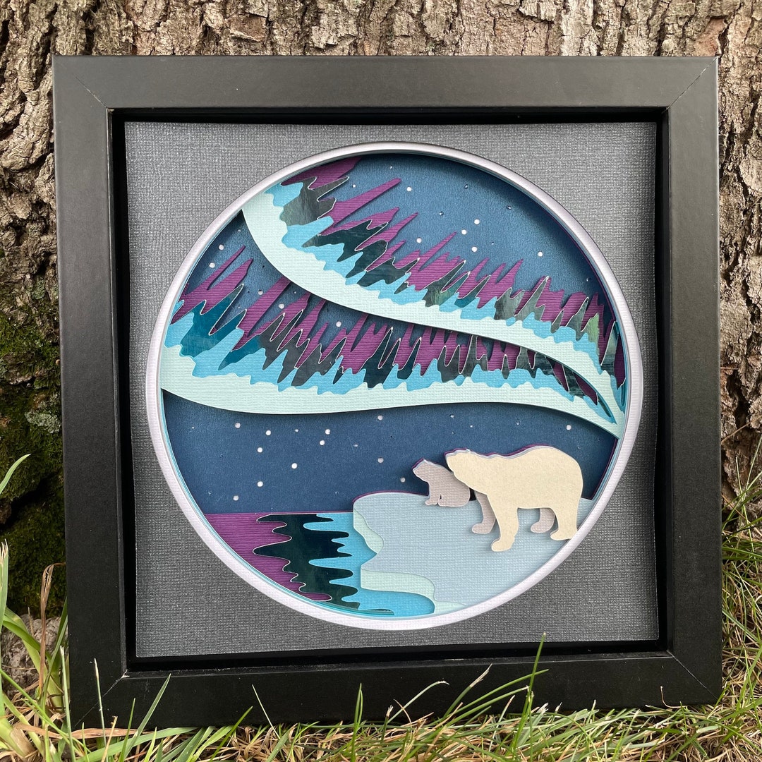 8"x 8" 3D Northern Lights, Polar Bears Shadow Box/picture - Etsy