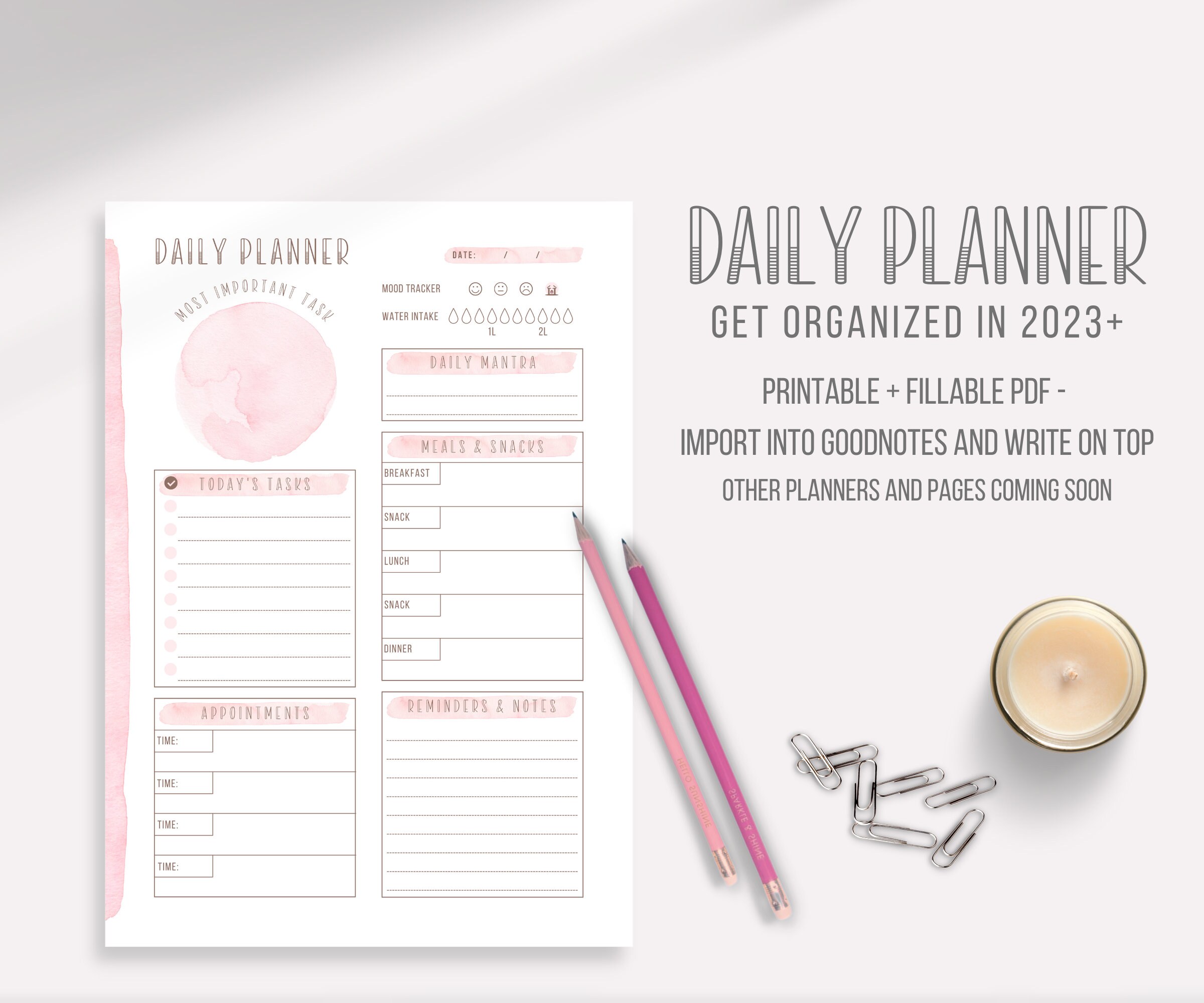 Printable Daily Planner 2024 Blush Pink Watercolor Organize Your ...