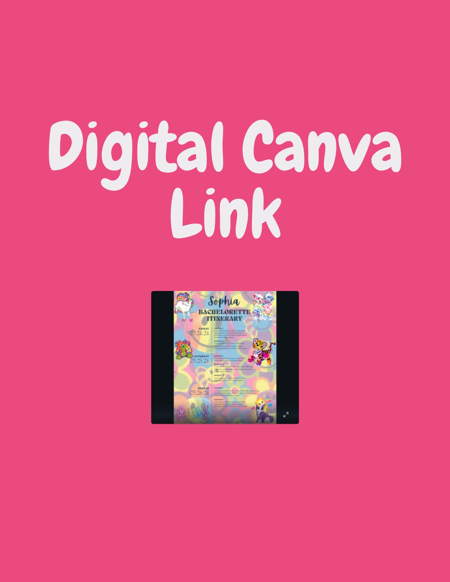 Lisa Frank Inspired Bachelorette Itinerary! Canva Link - Etsy